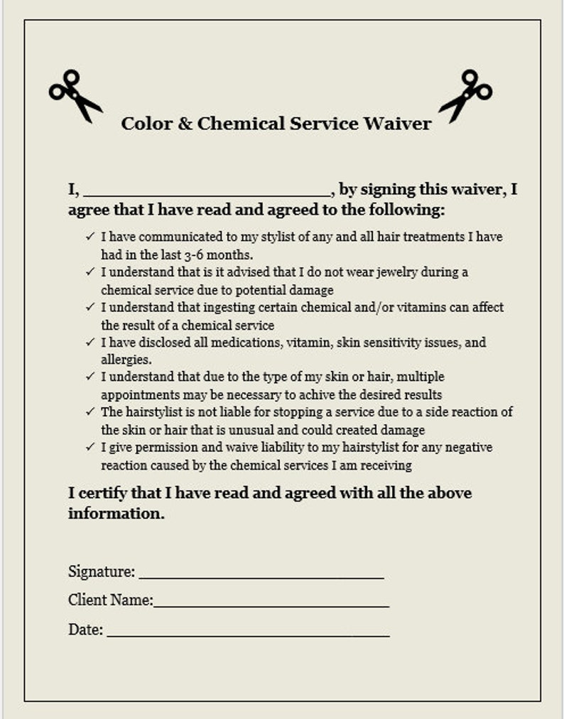 EASY Waiver -color and Chemical Services - Hair Stylist Form - Salon ...