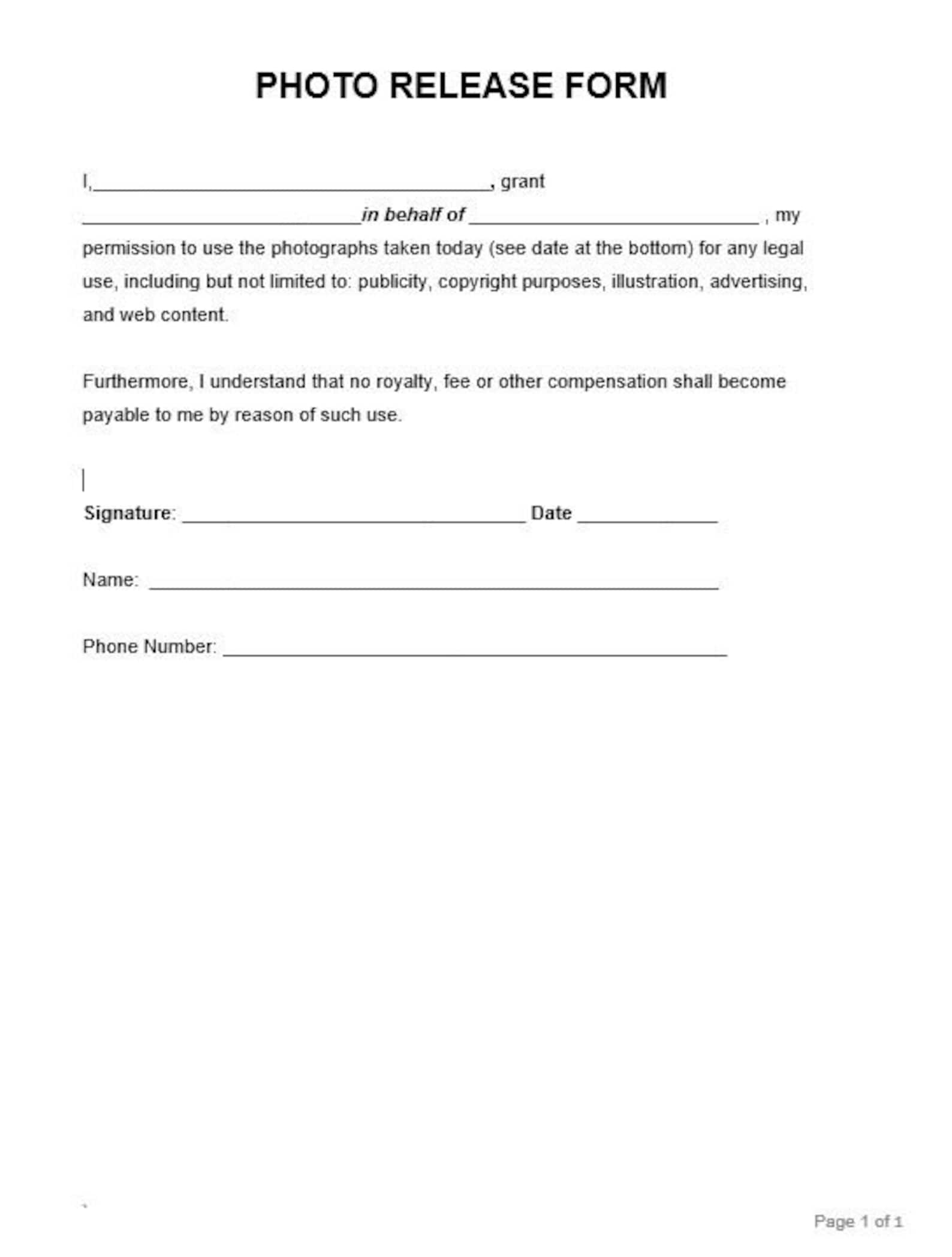 EASY Photo Release Form - General Digital Print and Template. Customize ...