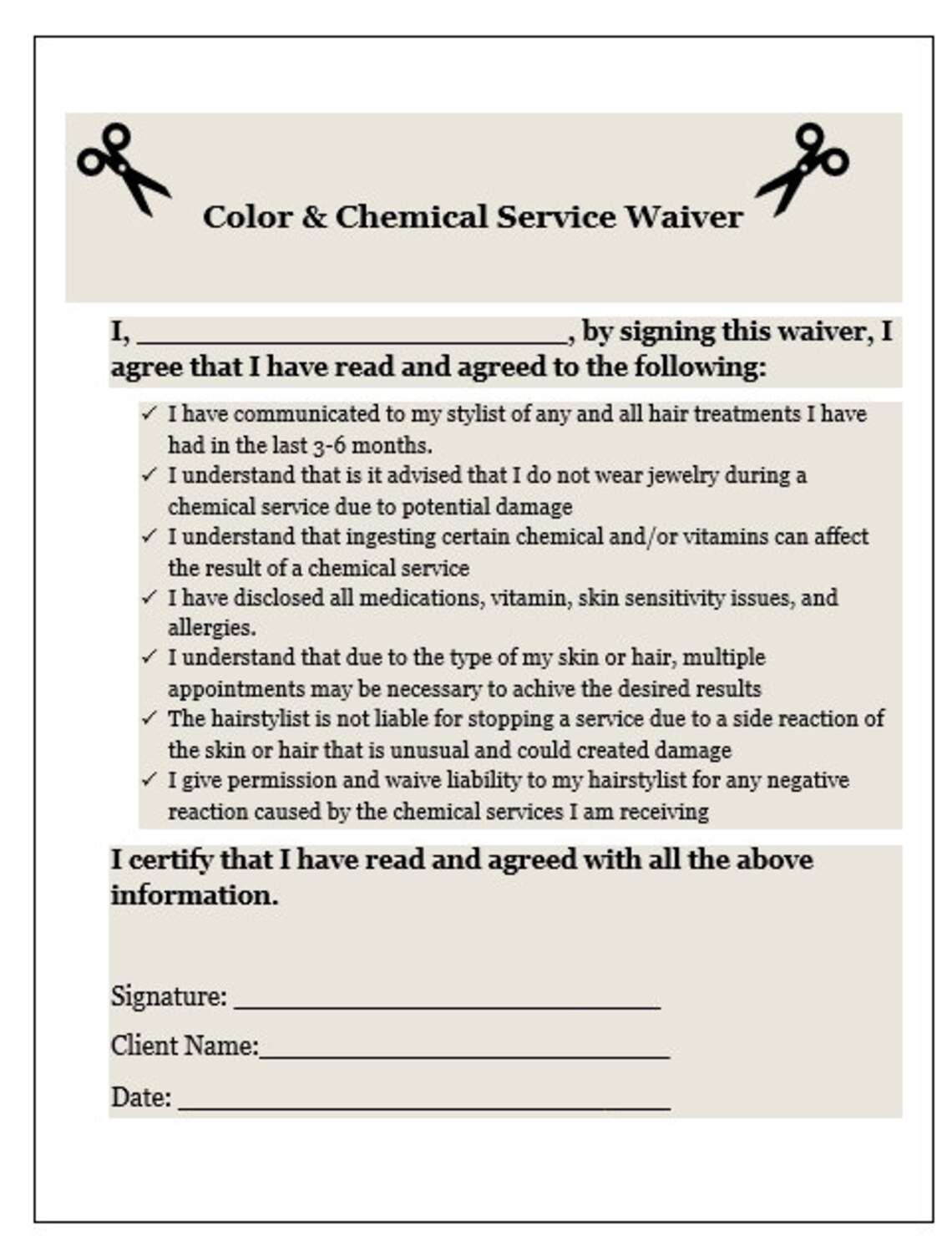 EASY Waiver -color and Chemical Services - Hair Stylist Form - Salon ...