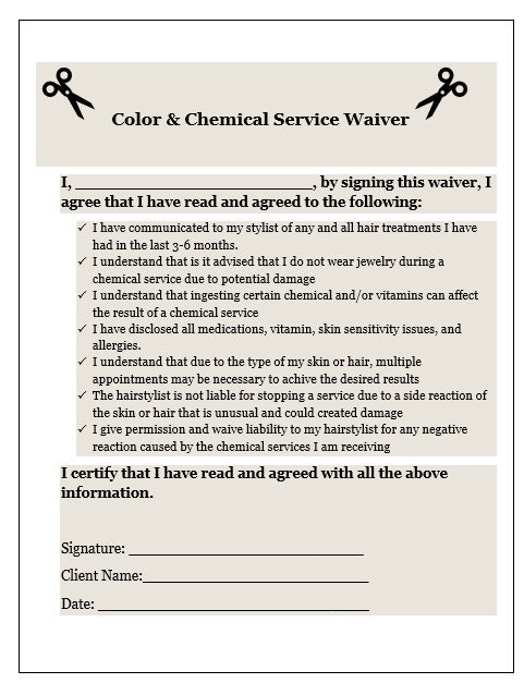 Hair Color & Chemical Service Waiver - Salon Form (digital Download) - Etsy