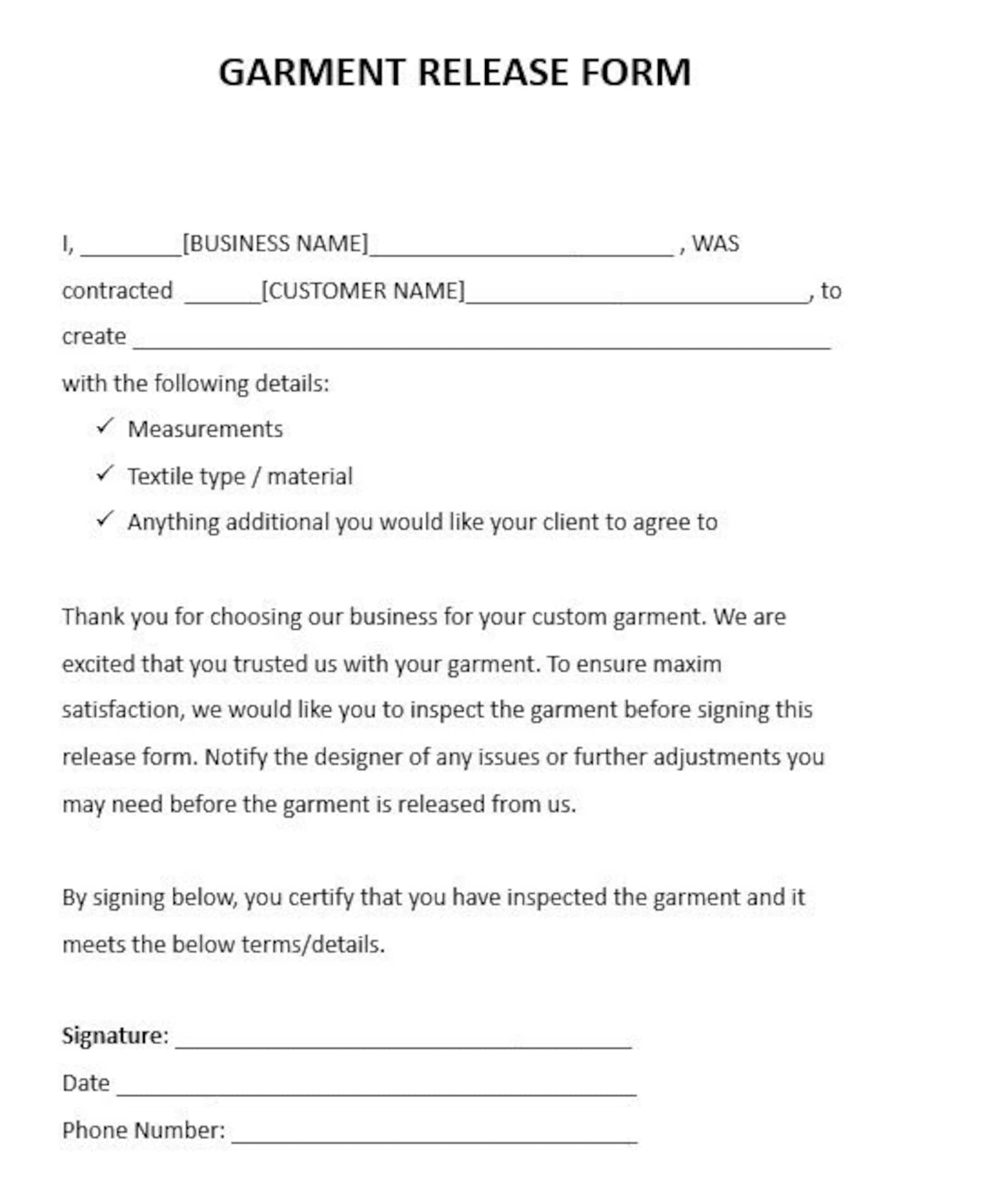 Garment Release Form - Easy to Customize - Easy Release Form General ...