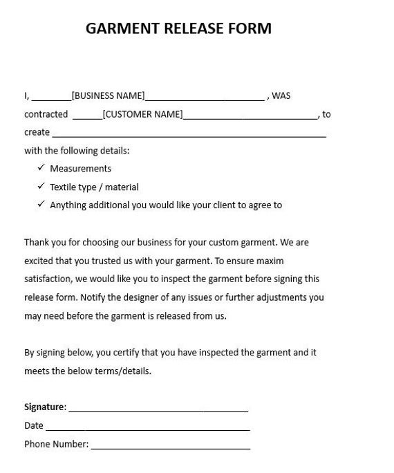 Garment Release Form Easy to Customize Easy Release Form - Etsy