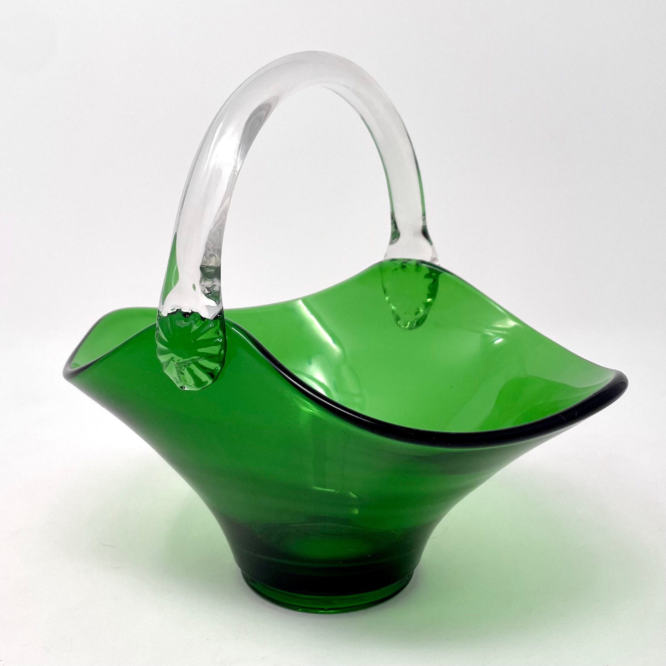 Viking Glass Company Evergreen Epic Art Glass Basket With Clear Handle ...