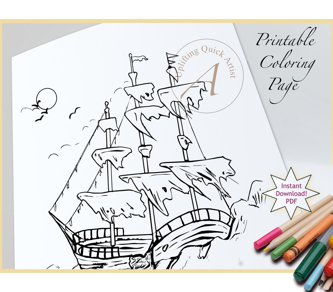 Printable Pirate Clipper Ship Wreck Kids Coloring Page JPG, Includes ...