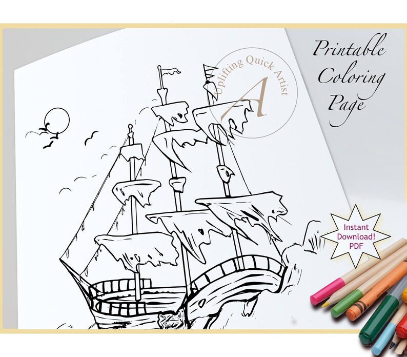Printable Pirate Clipper Ship Wreck Kids Coloring Page JPG, Includes ...