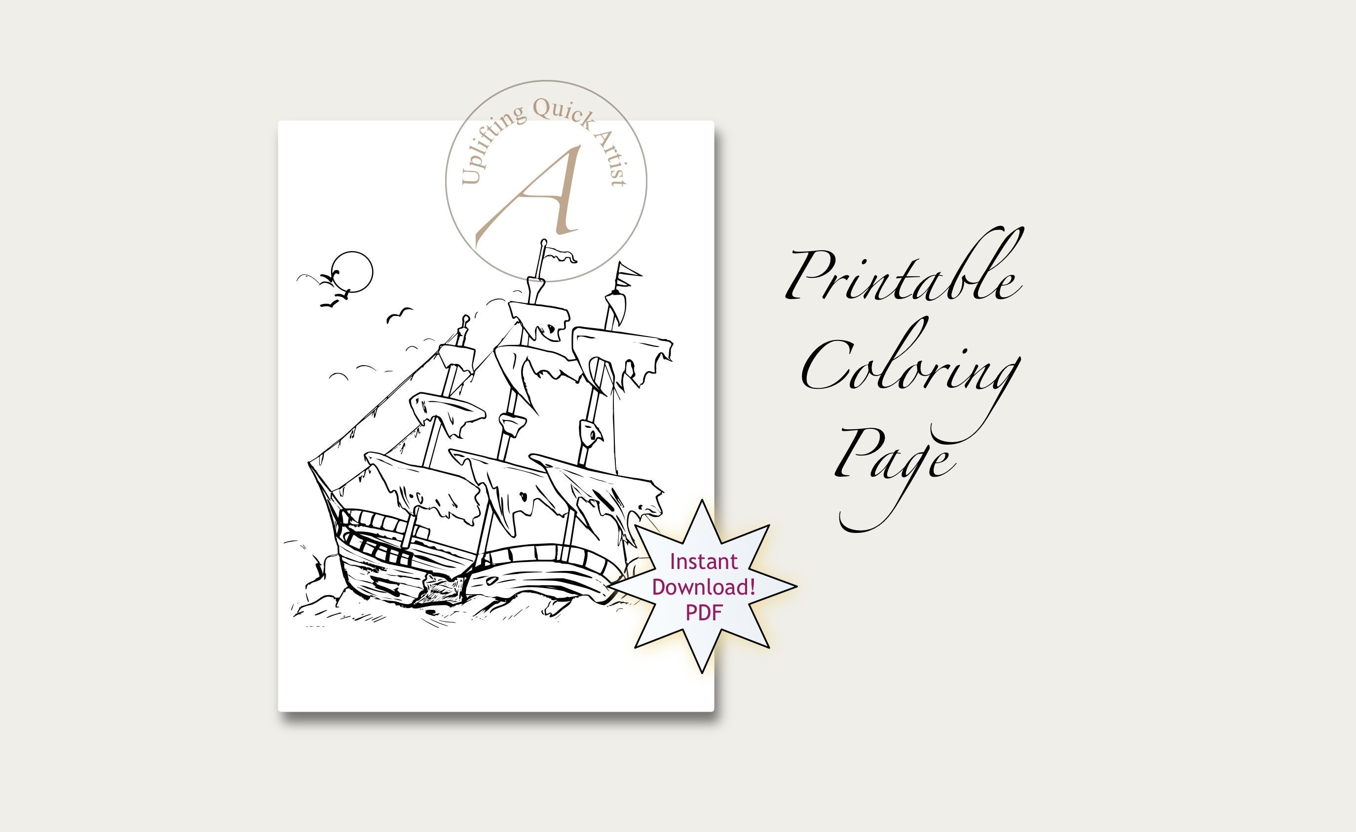 Printable Pirate Clipper Ship Wreck Kids Coloring Page JPG, Includes ...