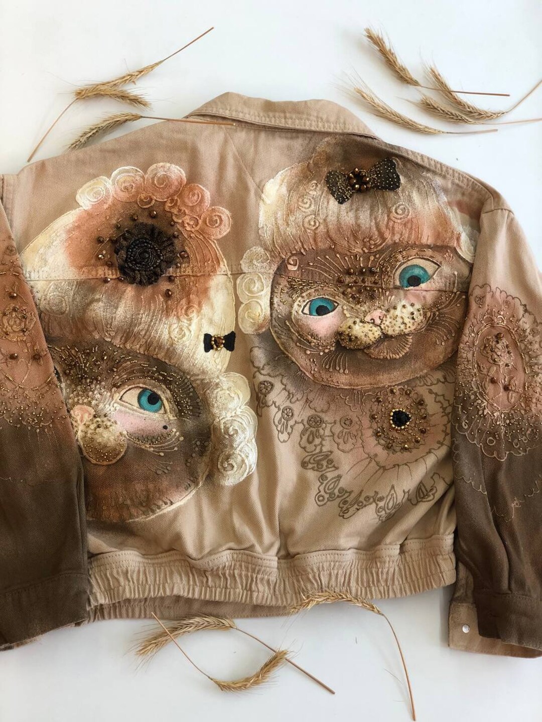 Hand Painted Denim Jacket 'Сats in Wigs', Beaded Jacket, Personalized ...