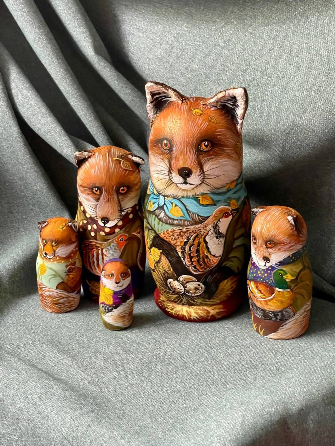 Matryoshka 5pcs, Exclusive Wooden Dolls With Fox 'favorite Bird ...