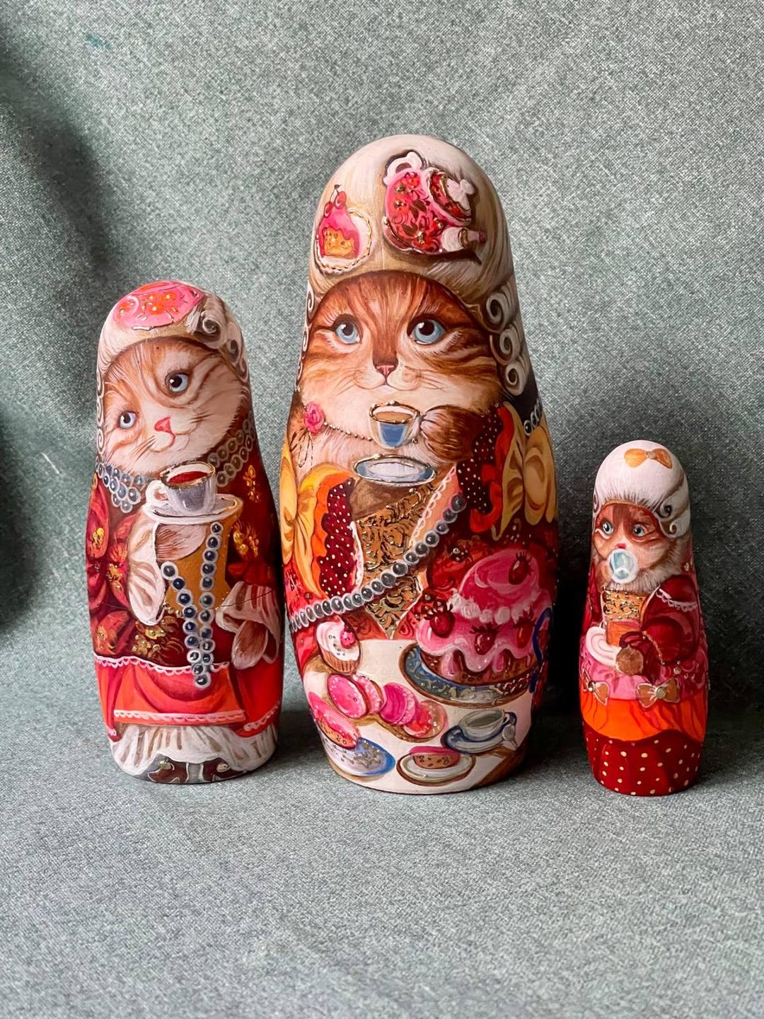 Matryoshka 3pcs, Exclusive Wooden Dolls With Cats 'tea Party', Nesting ...