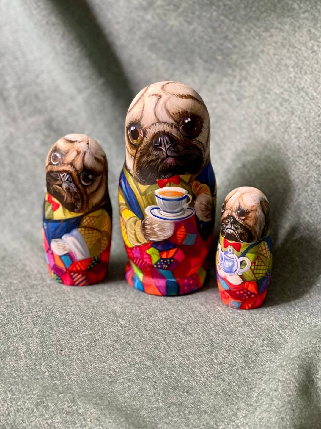 Exclusive Wooden Doll With Dogs pugs Tea Party 3pcs, Matryoshka ...