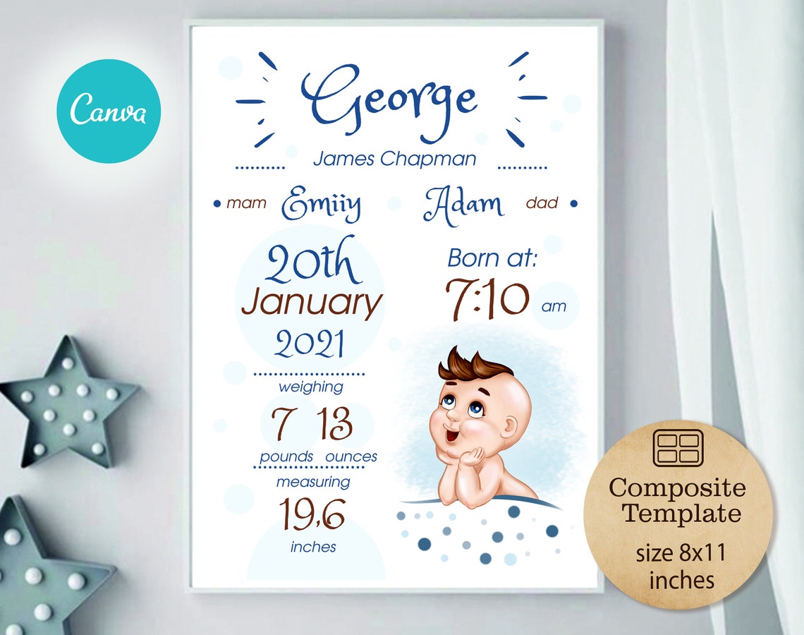 Birth Details Print New Baby Boy Birth Poster Birth Stats | Etsy