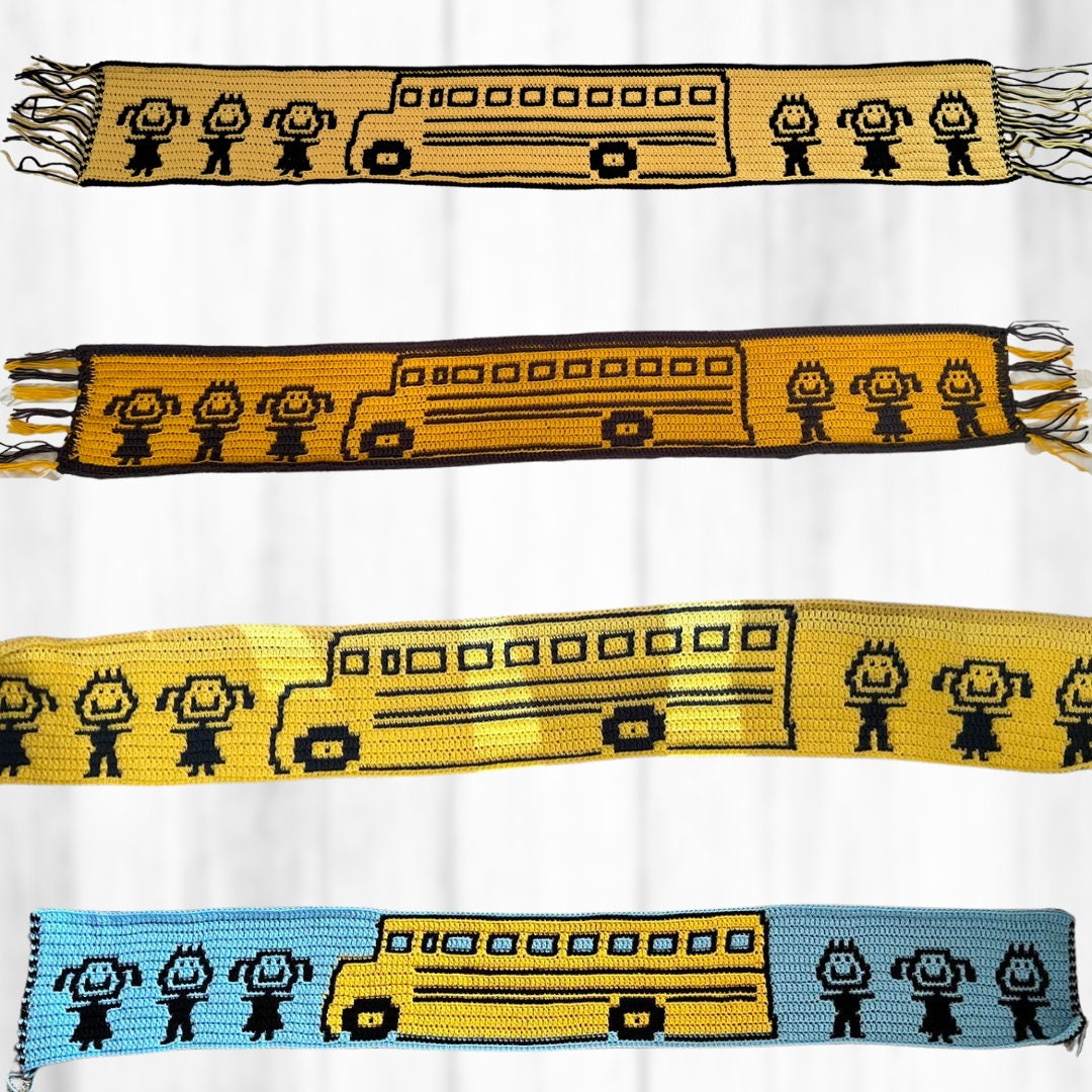 School Bus With Friends Scarf Mosaic Crochet Pattern Child Adult Sizes ...