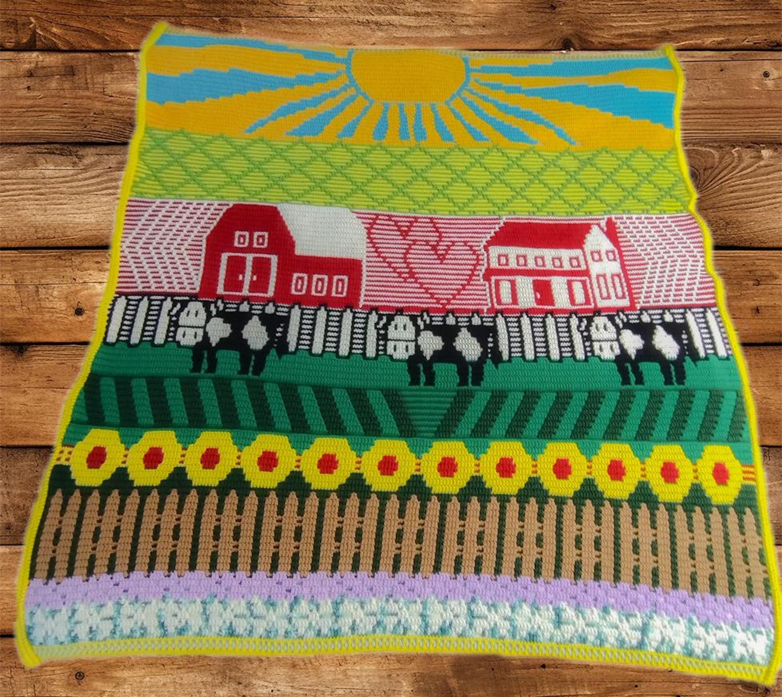 Penny's Sunflower Farm Afghan, Mosaic Crochet Pattern - Cows, Barn ...