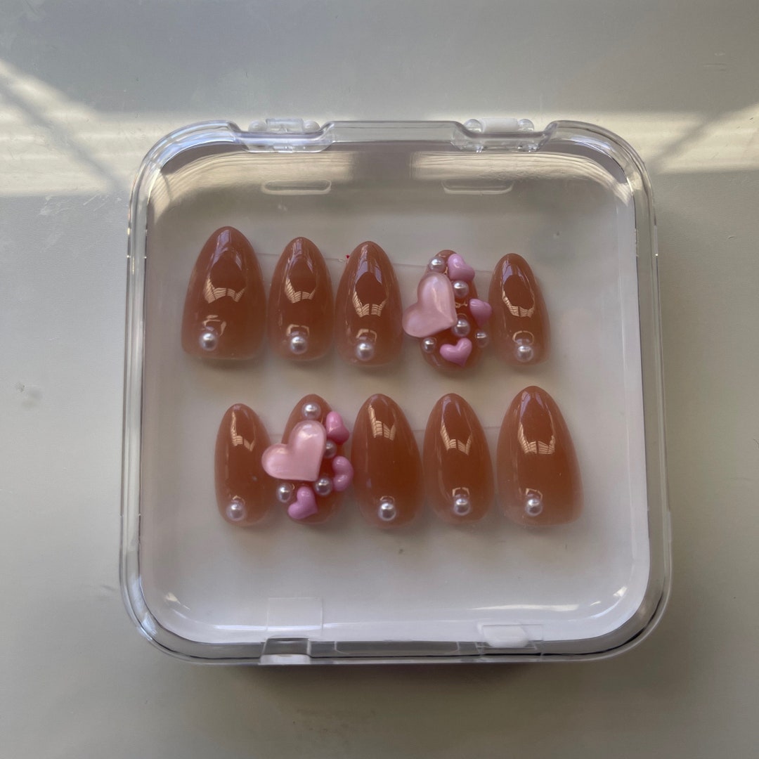 Barb Nude Almond Tip Press on Nails Pink Hearts Nails Brown Nude Nails ...
