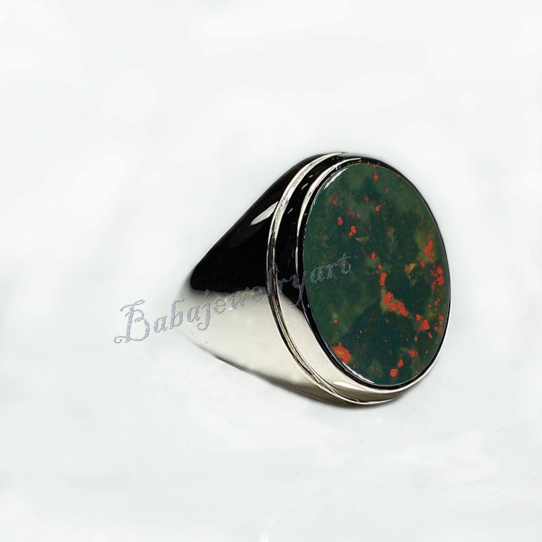 Bloodstone Ring Men, 925 Silver Mens Gemstone Ring, Oval Flat ...