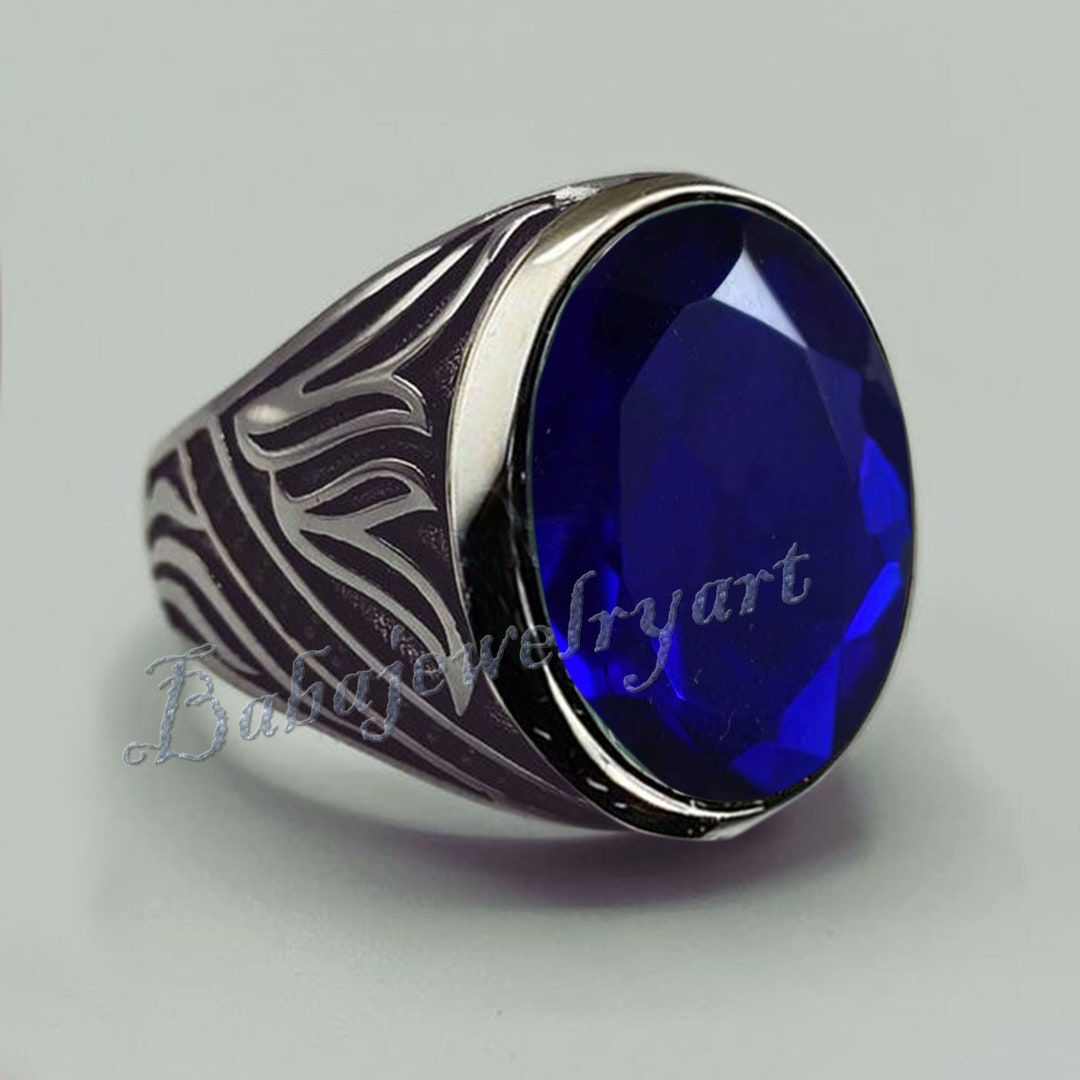 Blue Sapphire Ring, 925 Sterling Silver Gemstone Ring Men, Oval ...