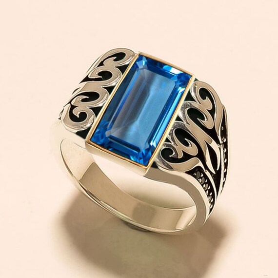 Blue Topaz Ring 925 Sterling Silver Mens Ring Heavy Mens - Etsy