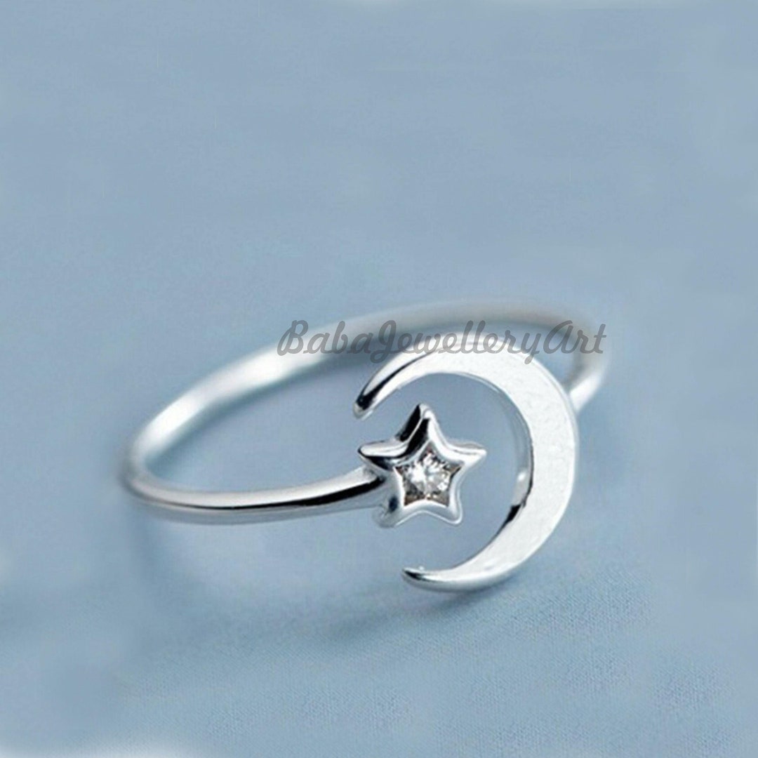 Crescent Moon Ring, Moon and Star Ring, 925 Sterling Silver Women Zircon Ring, Astronomy Ring ...