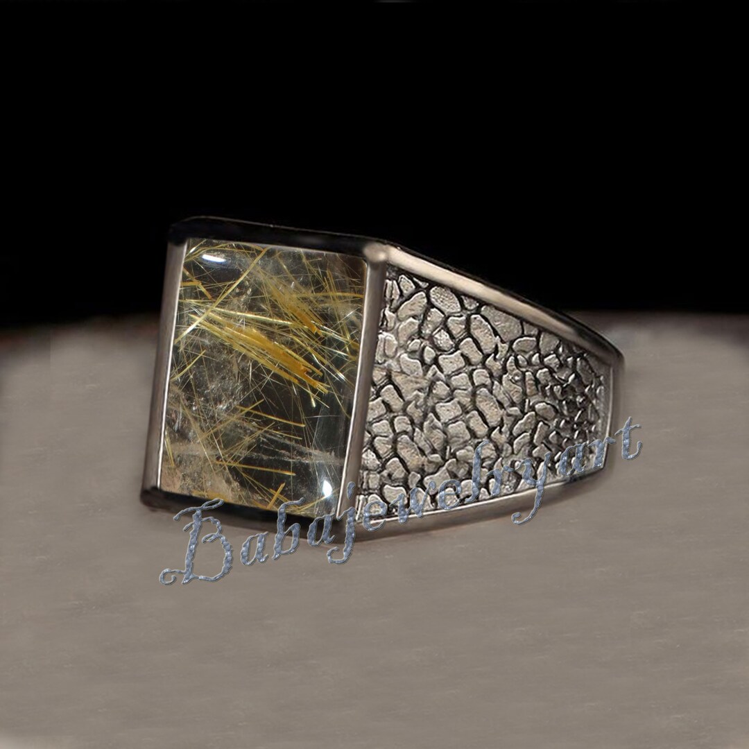 Golden Rutile Quartz Ring, Mens Quartz Ring Rectangle Gemstone Ring ...