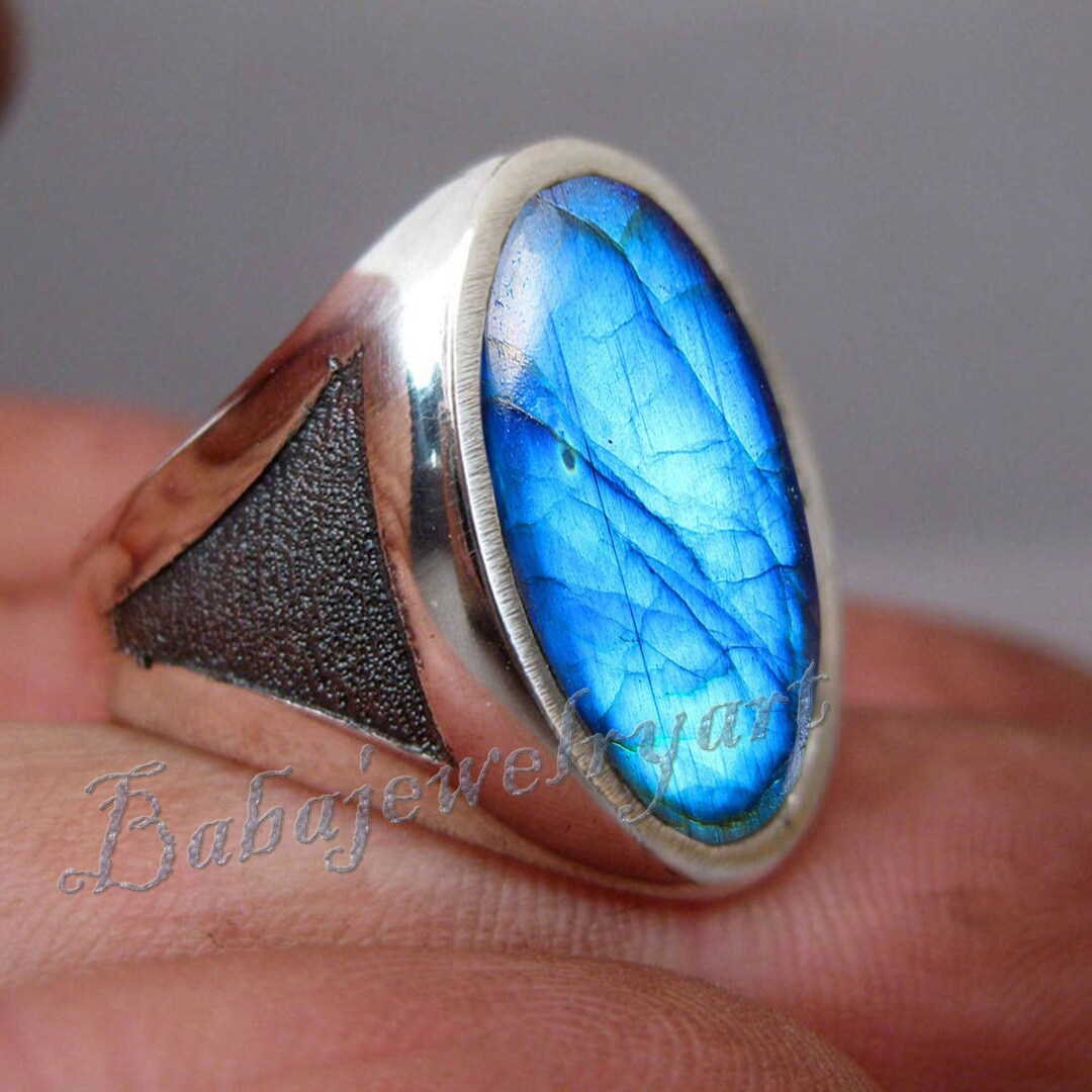 Labradorite Ring Men, Unique Oval Men's Stone Ring, 925 Sterling Silver ...
