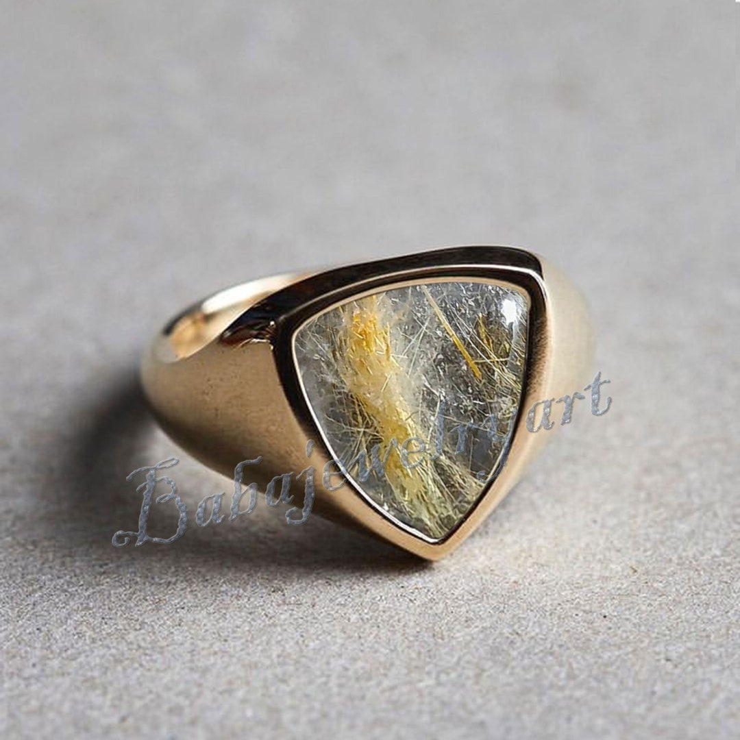 Men's Triangle Ring, Golden Rutile Ring, Rutilated Quartz Ring, 925 ...