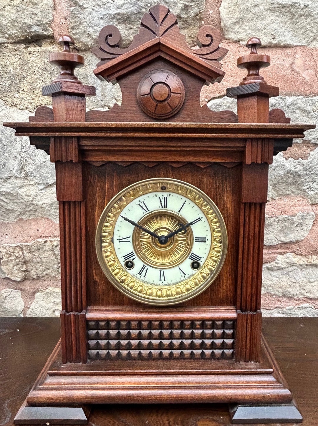 Fantastic American Walnut Mantel Clock Antique Carved 8 Day Striking ...