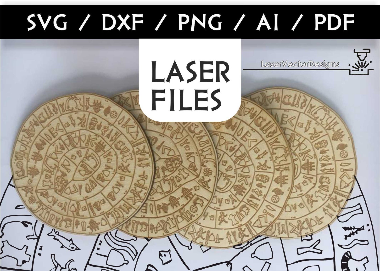 Minoan Phaistos Greek Disk DXF SVG PNG, Vector Ancient Greek Coasters ...