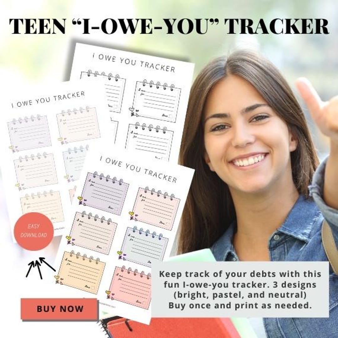 Teen IOU Tracker, I Owe You Tracker, IOU Card, IOU Slip, Teen Planner ...