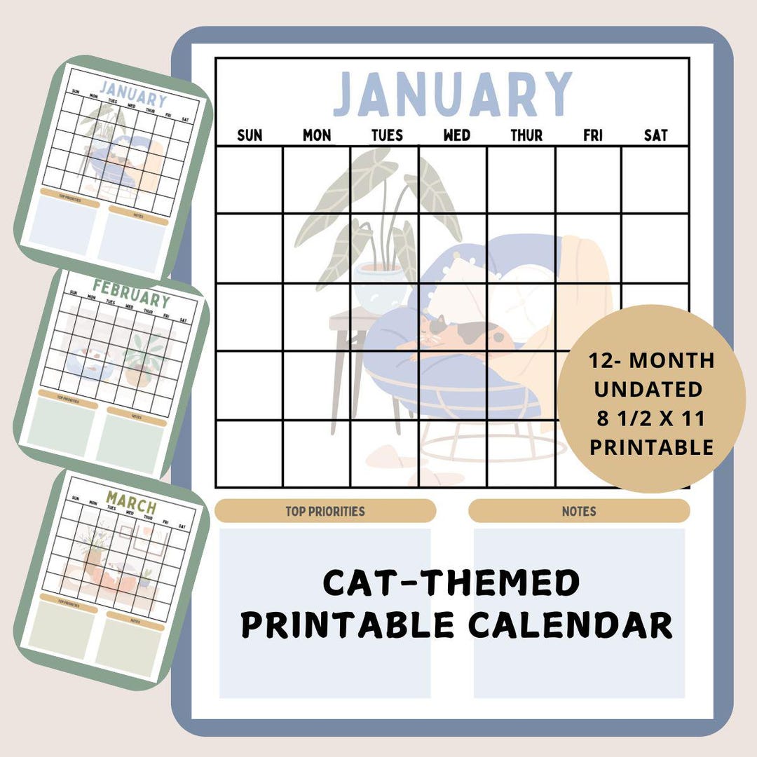 Cat Calendar, Cat Calendar Printable, Wall Calendar Cat, Cat Lover Gift ...
