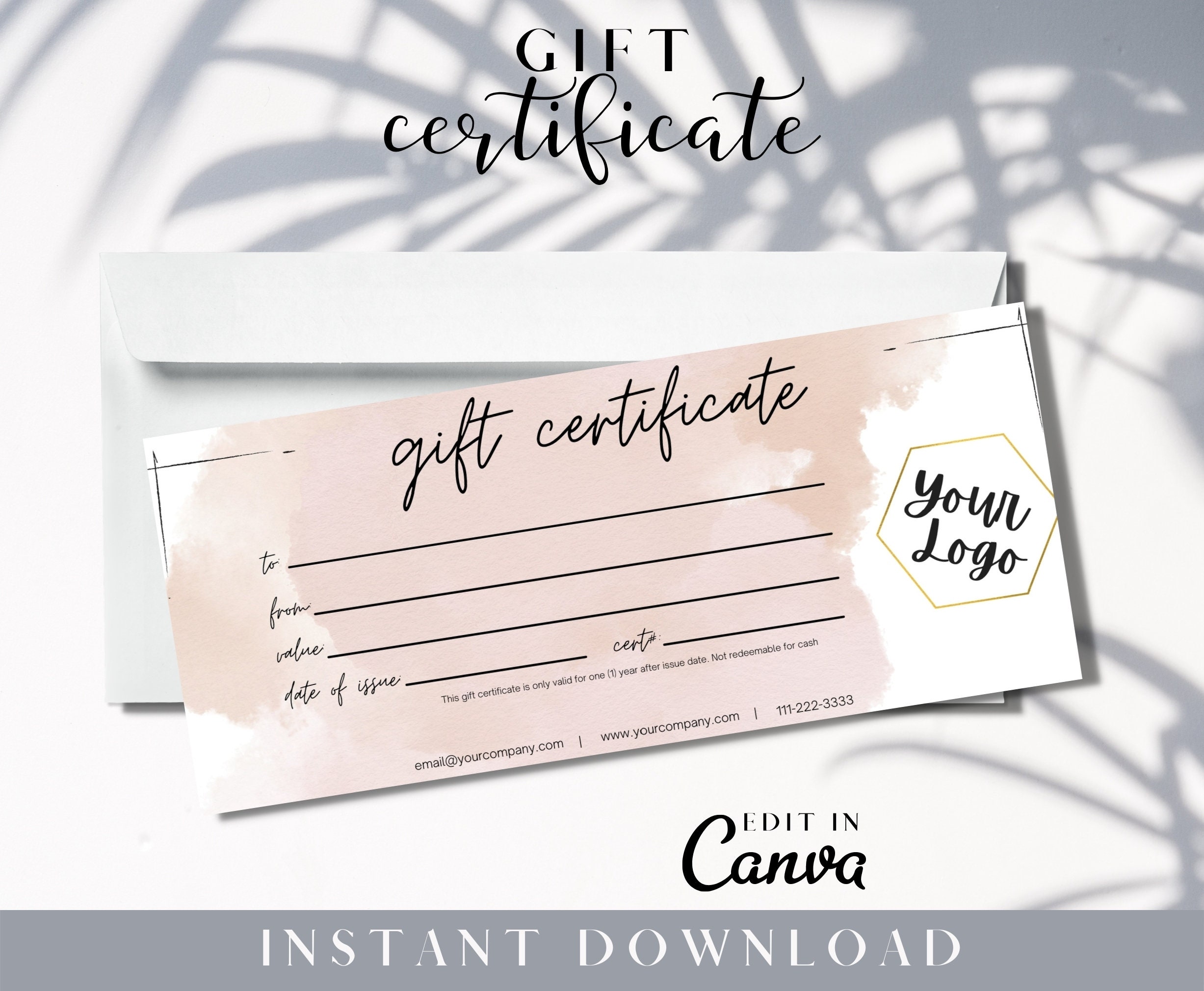 Pink Gift Certificate, Canva Gift Template, Watercolor, Editable Gift ...