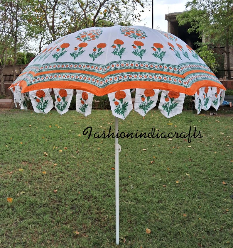 Hand Block Printed Indian Garden Umbrella, Cotton Patio Parasol ...