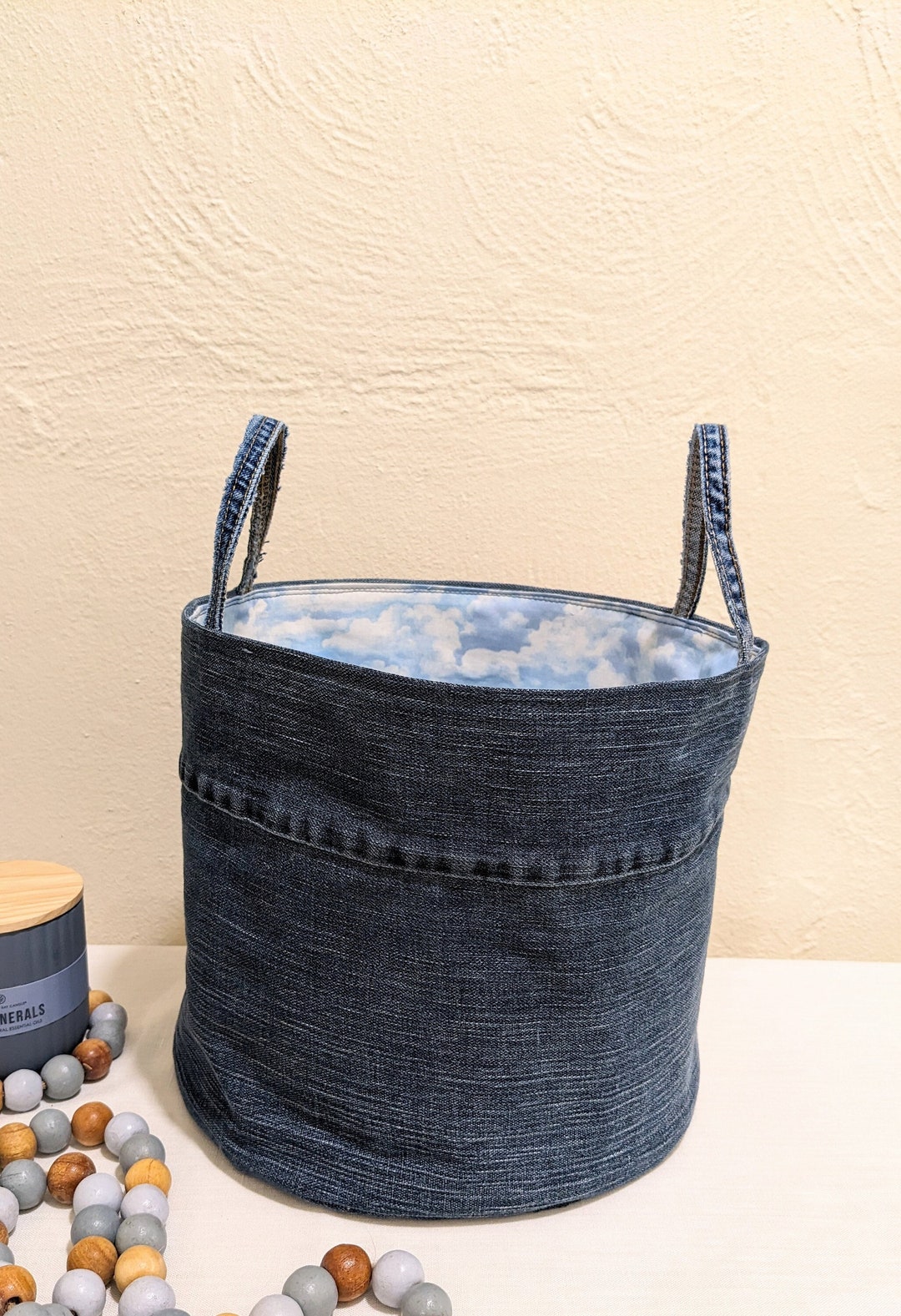 B1 Denim Jean Basket,round Coutry/farmhouse Bucket Bag for Knitting ...