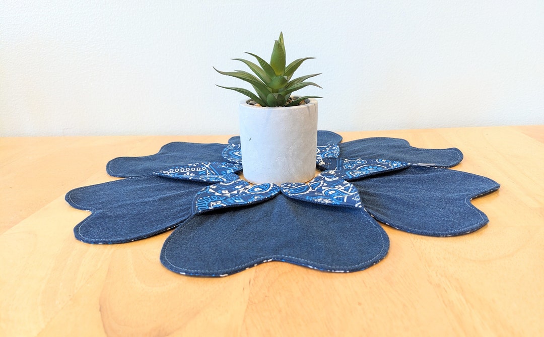 Lovely 15" Quilted Denim/blue Bandana,table Runner/doilie/table Center ...