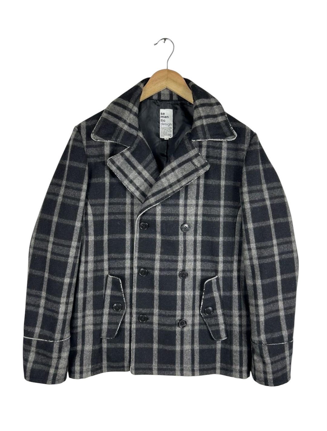 Vintage Plaid Wool Blend Peacoat – Semantic Design Grey Check, Size L ...