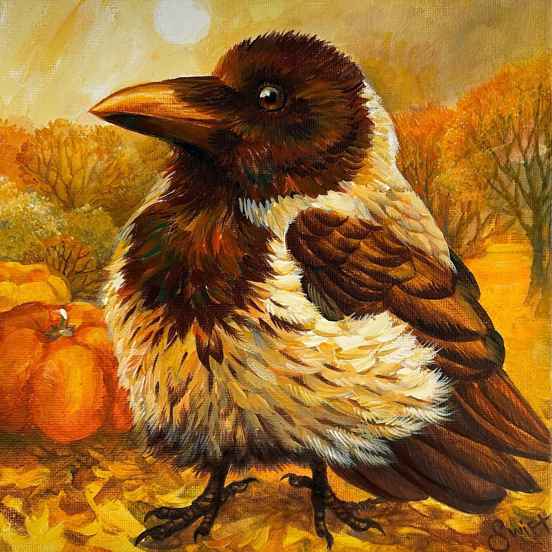 Original Painting Acrylic on Canvas, Pumpkin Spice Crow Painting, Cute ...