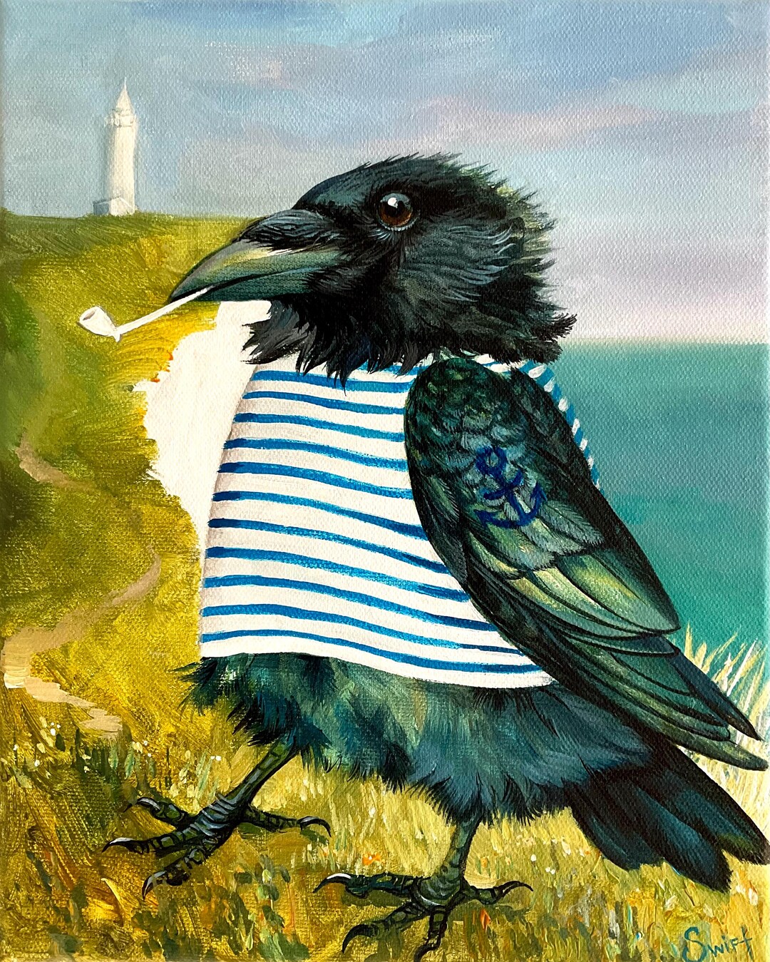 Acrylic Painting Windy Day on the Cliffs, Raven Art, Raven Captain, Old ...