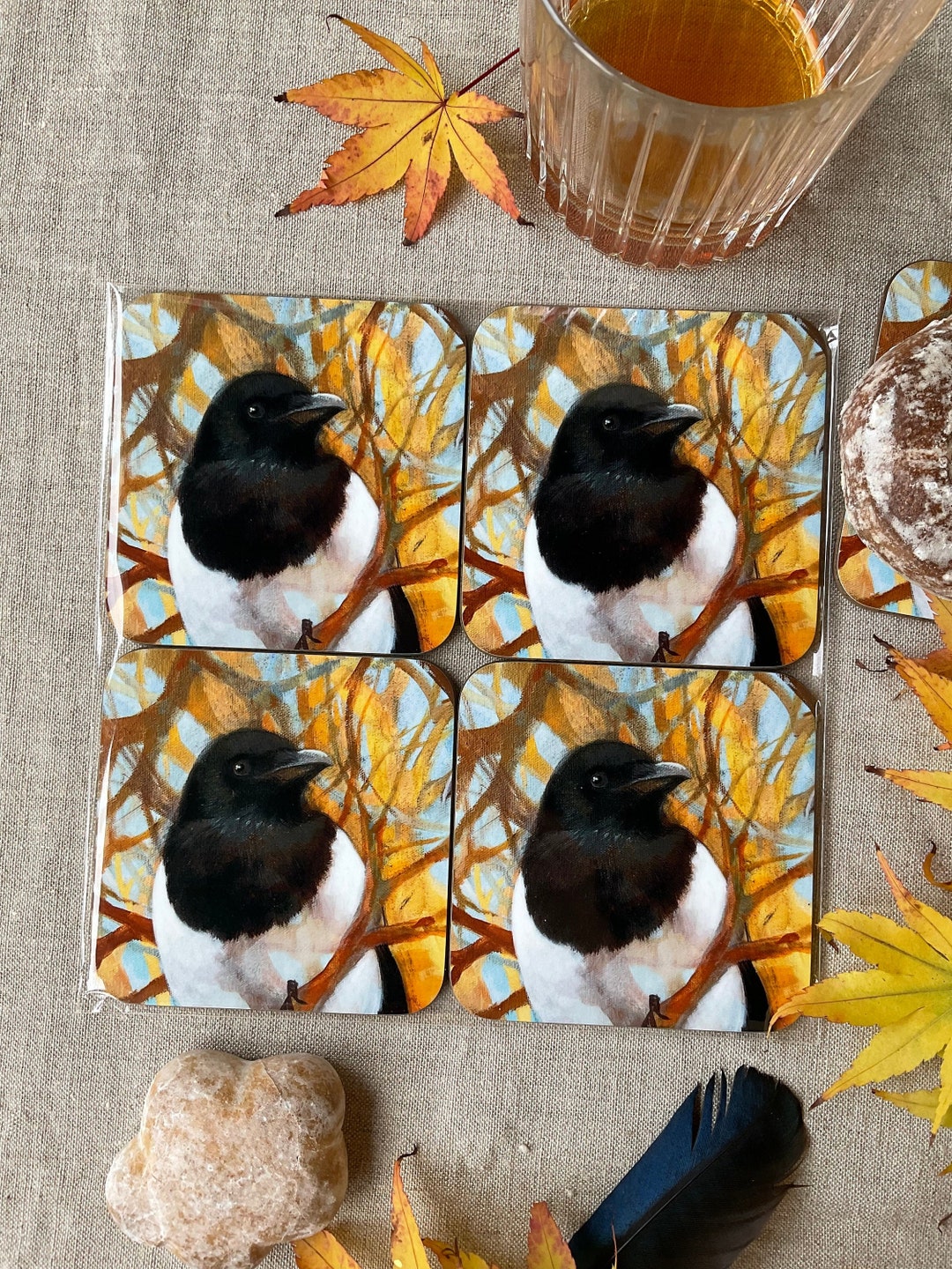 Magpie Art Coasters Set, Glossy Bird Drink Coasters - Etsy