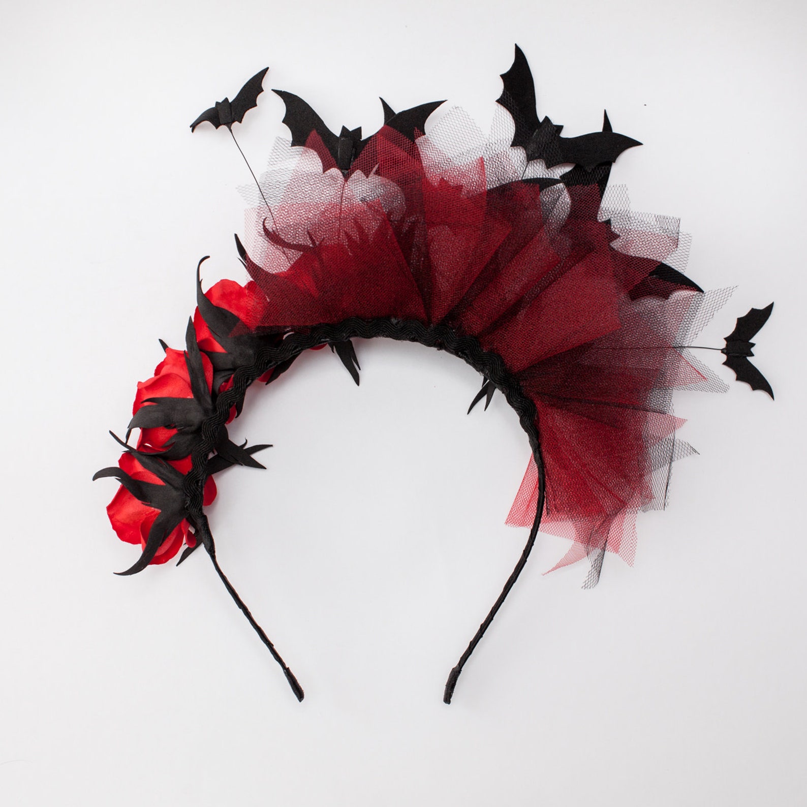 Bat Halloween Headband With Red Roses. Bat Fascinator, Vampire Headband ...