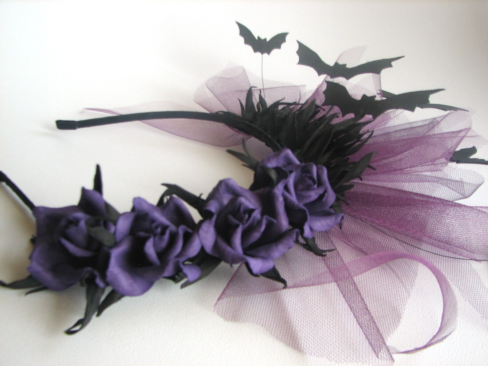 Bat Headband With Purple Rose and Purple Veiling Halloween - Etsy