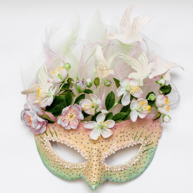Masquerade Mask Yellow and Pink, 3d Flowers Apple, Bird, Having Leather ...