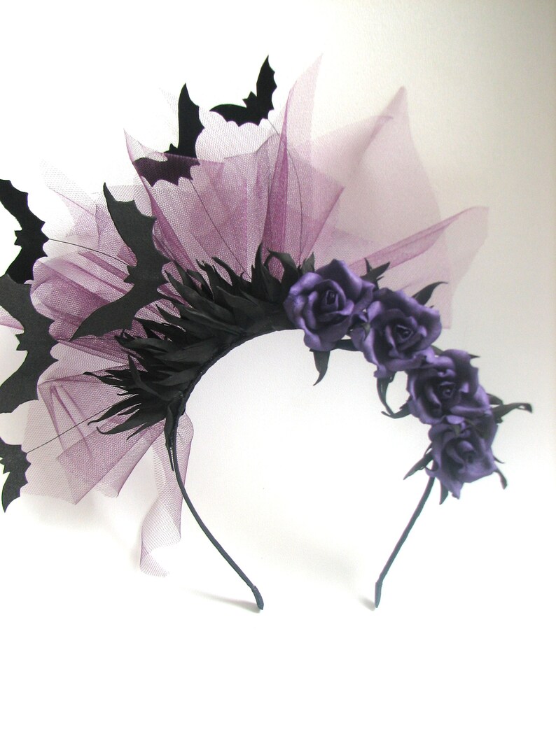 Bat Headband With Purple Rose and Purple Veiling Halloween - Etsy