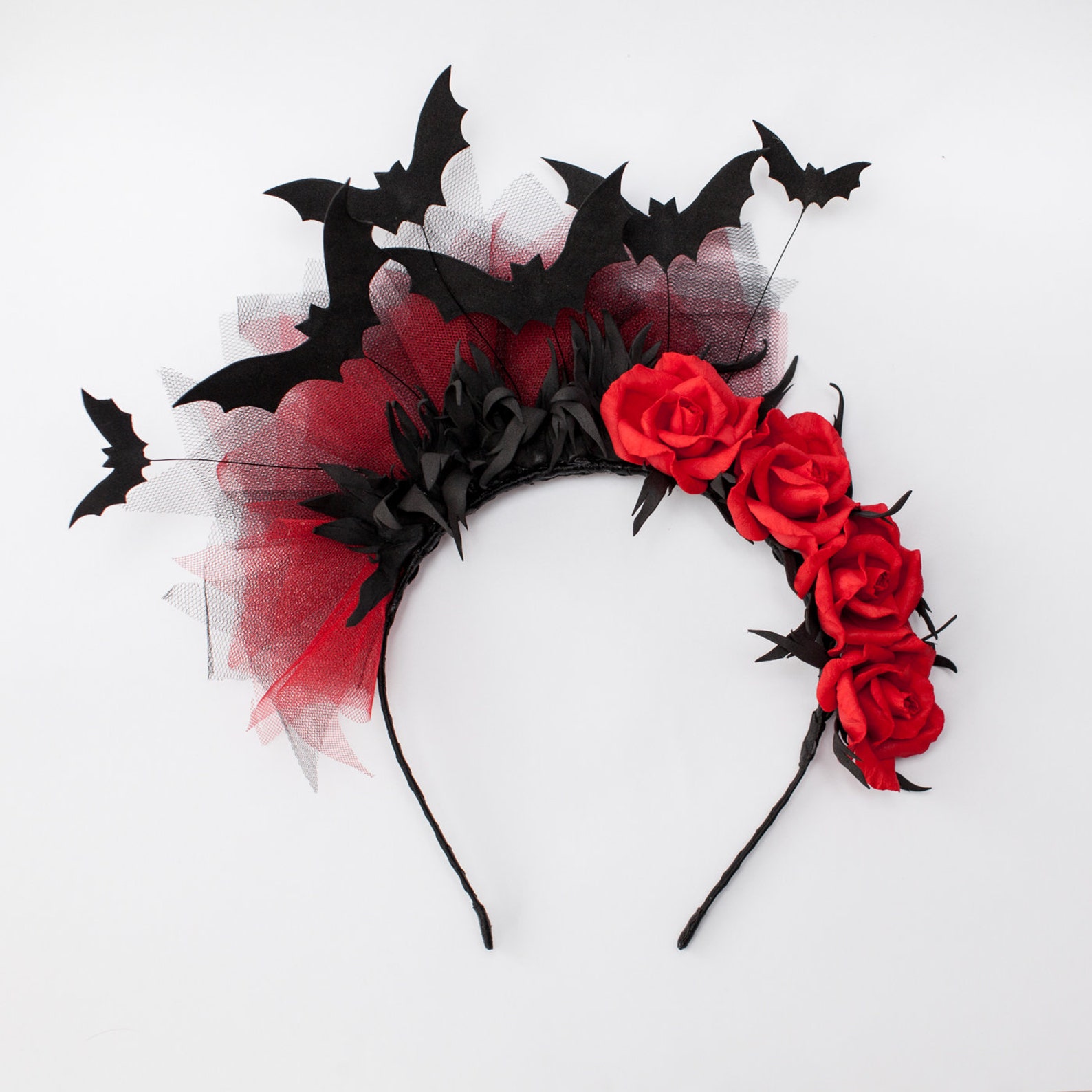 Bat Halloween Headband With Red Roses. Bat Fascinator, Vampire Headband ...