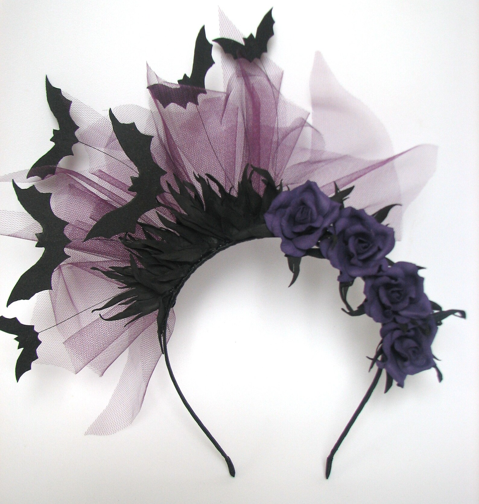 Bat Headband With Purple Rose and Purple Veiling Halloween - Etsy