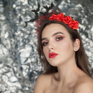 Bat Halloween Headband With Red Roses. Bat Fascinator, Vampire Headband ...
