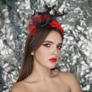 Bat Halloween Headband With Red Roses. Bat Fascinator, Vampire Headband ...