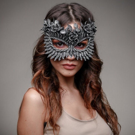 Masquerade Masks Woman Black and Silver With Flowers Scales. - Etsy