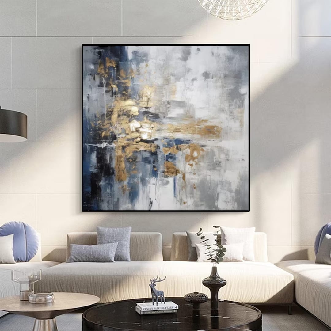 Original Light Blue Abstract Wall Art Gold and Deep Blue Abstract ...