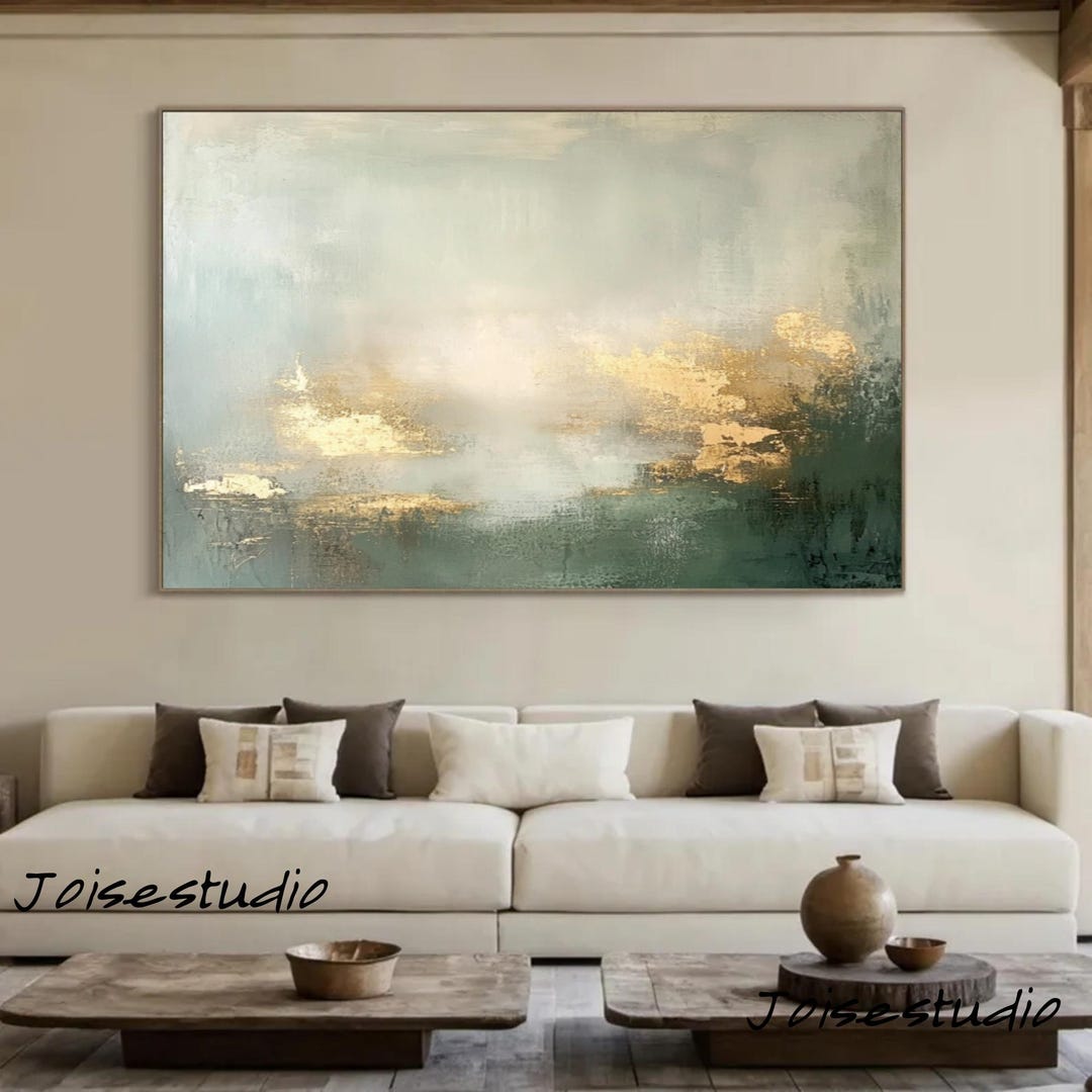 Large Green & Gold Abstract Painting, Textured Minimalist Art - Etsy