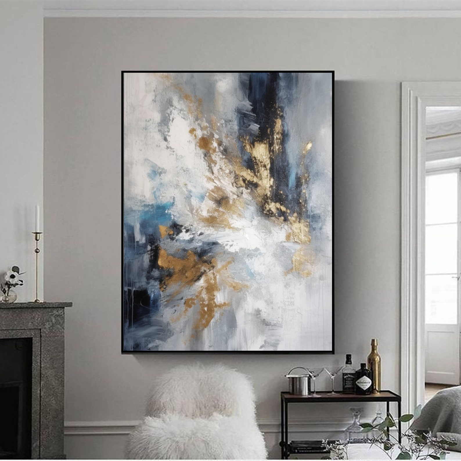 Original Light Blue Abstract Wall Art Gold and Blue Abstract Painting ...