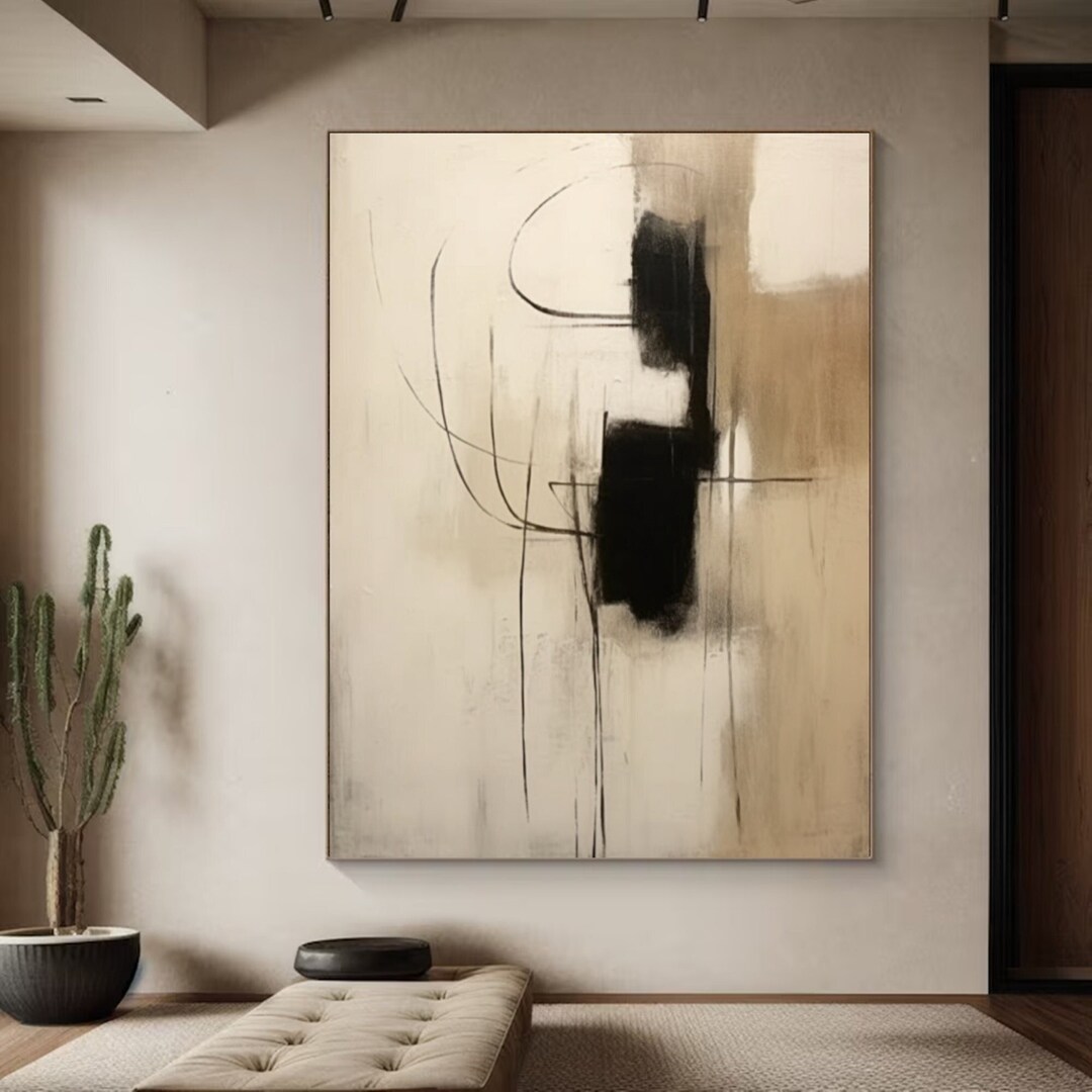 Large Beige Abstract Painting Beige and Black Abstract Painting on Canvas Beige 3D Textured Wall ...